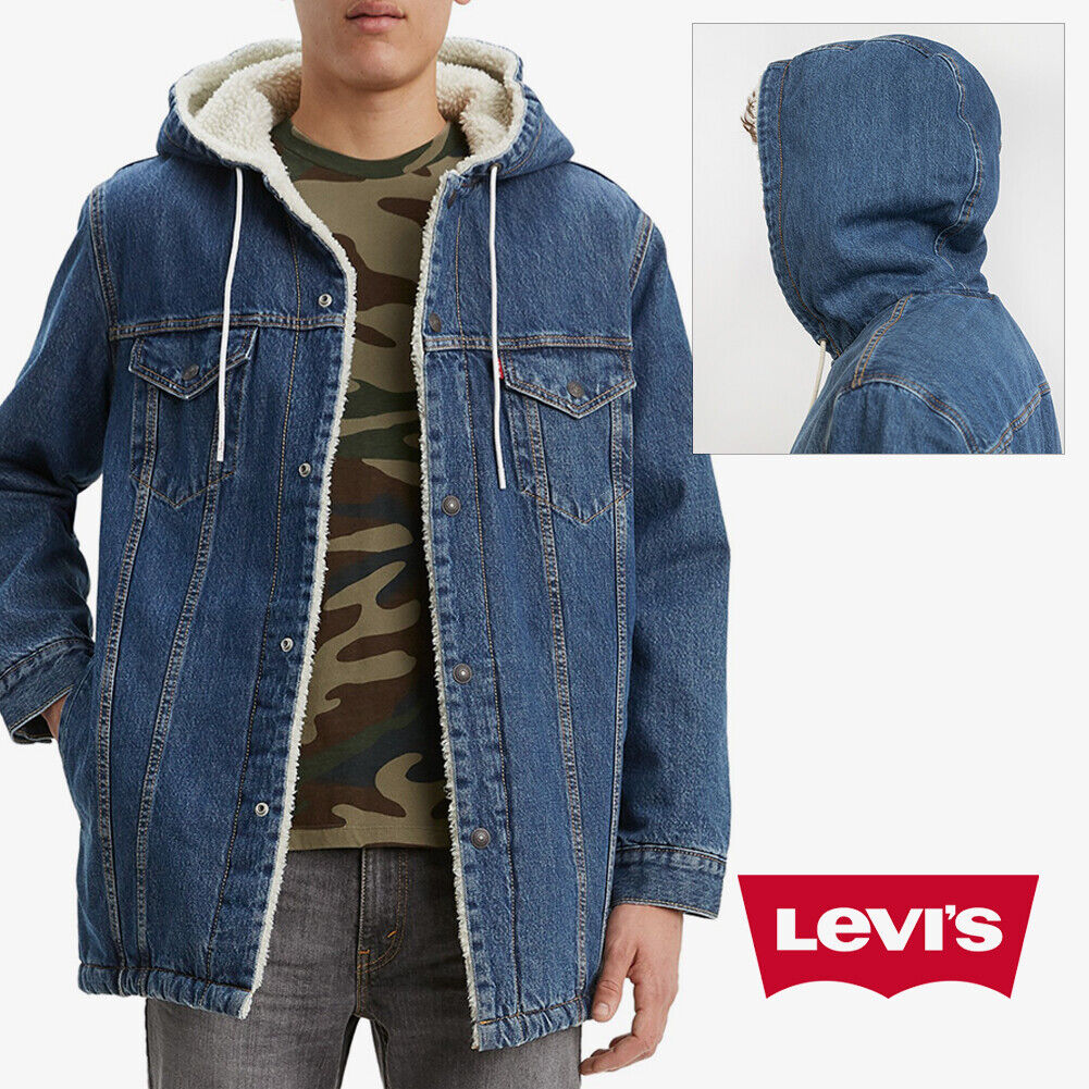 Levis Mens Denim Jean Jacket Sherpa Lined Drawstring Hooded Levis Mens Denim Jean Jacket Sherpa Lined Drawstring Hooded