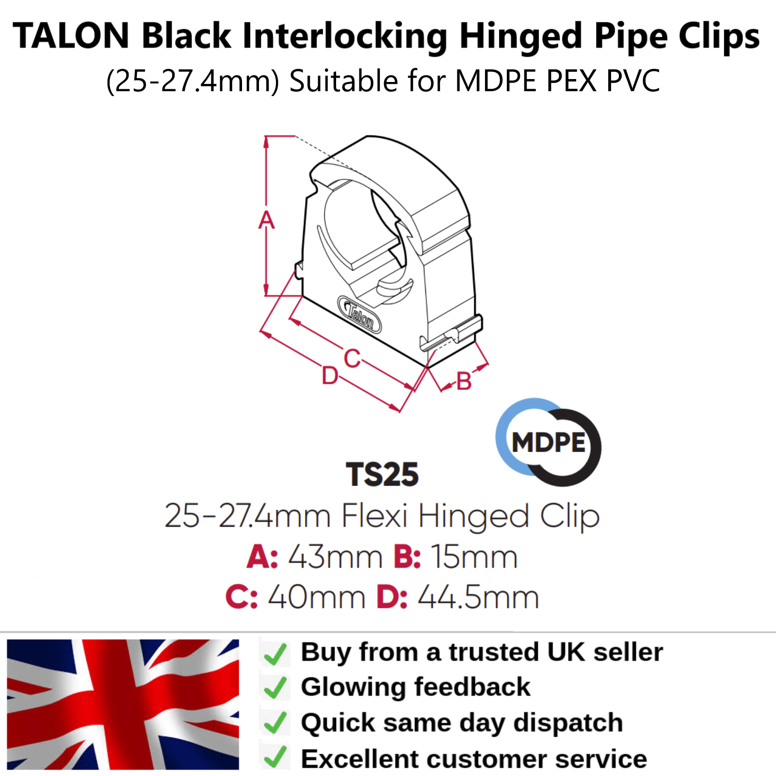Bag 50 - Talon 25mm Hinged MDPE PEX PVC Pipe Clip (25-27.4mm) Black ...