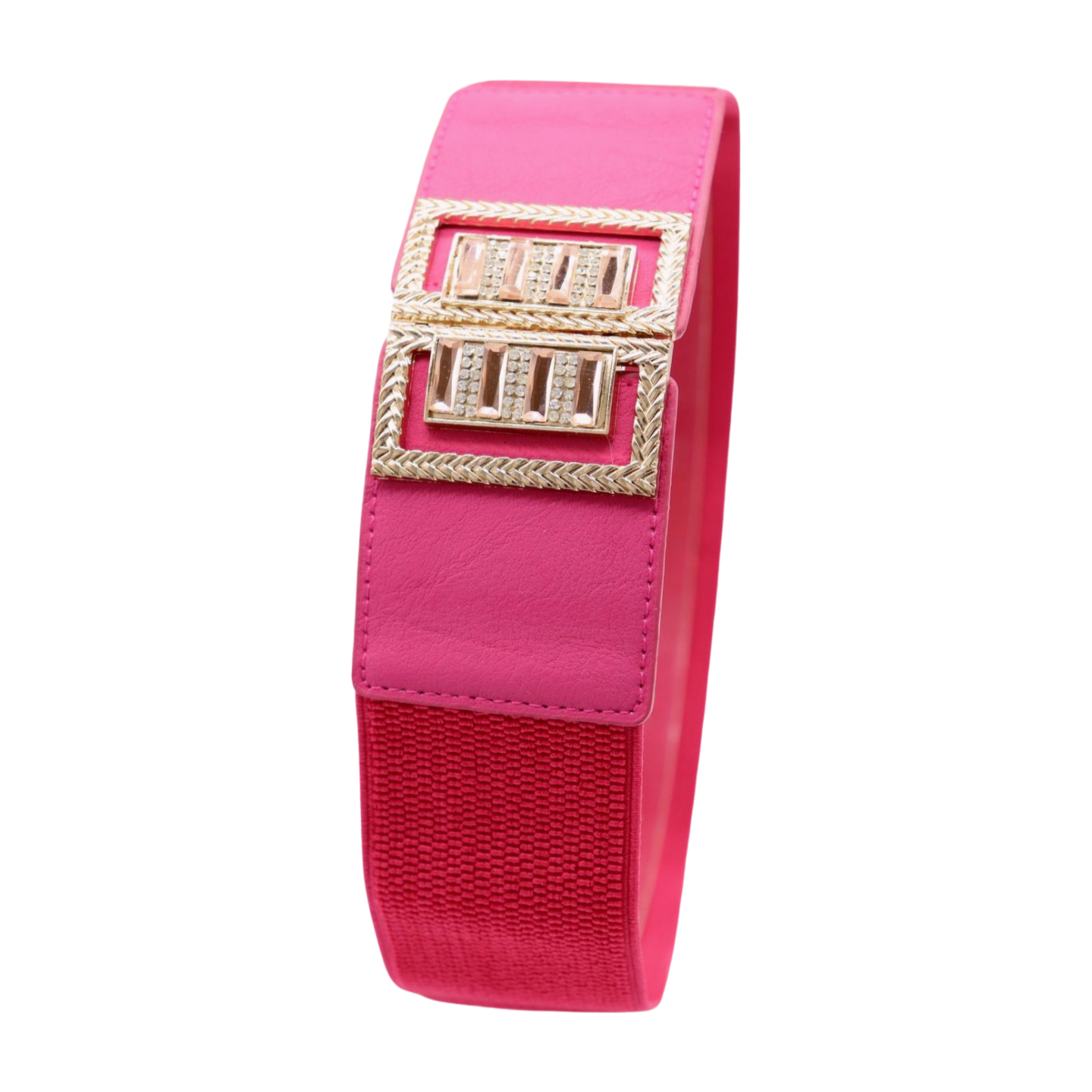 Women Pink Faux Leather Elastic Fabric Fashion Belt Gold Bling Square ...
