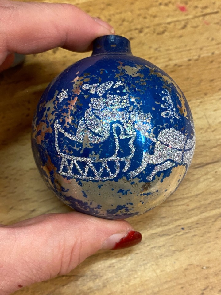 Vintage Mercury Glass Blue Flocked Ball Tree Christmas Ornament 2 1/2 ...