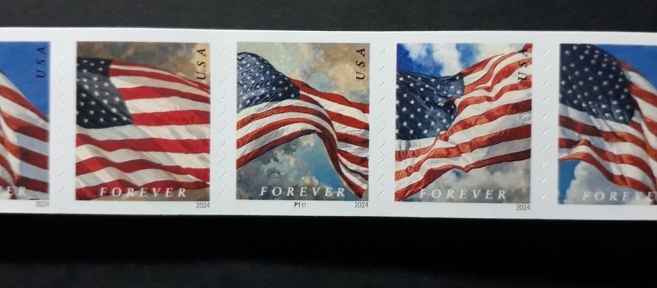 US Scott #5871-74, 2024 Forever, U. S. FLAGS, APU Coil Strip of 9 Plate ...