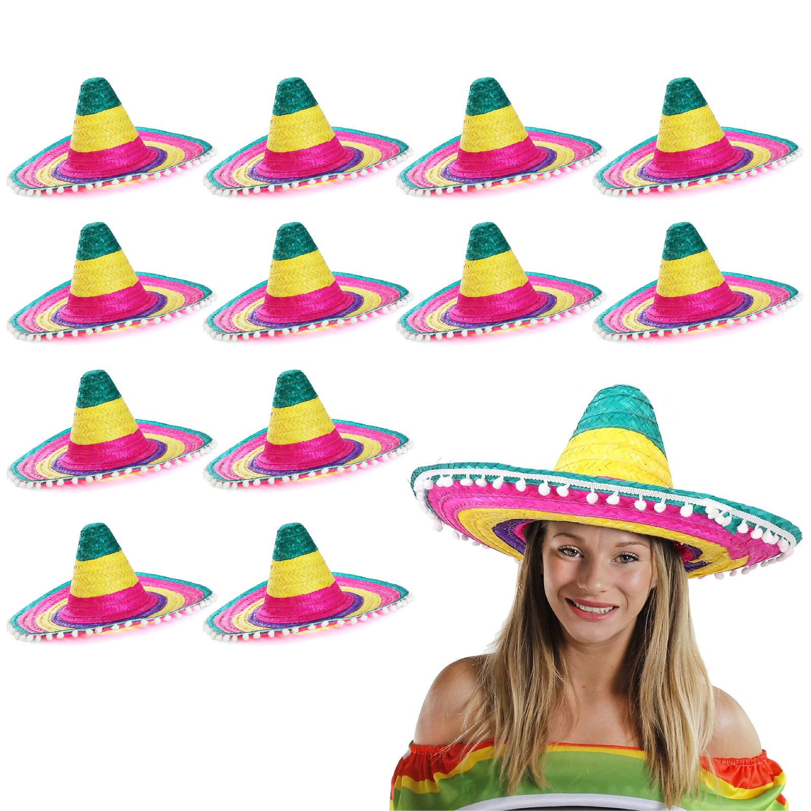 MULTICOLOUR SOMBRERO PACK WITH POM POM EDGE WHOLESALE LOT MEXICAN ...