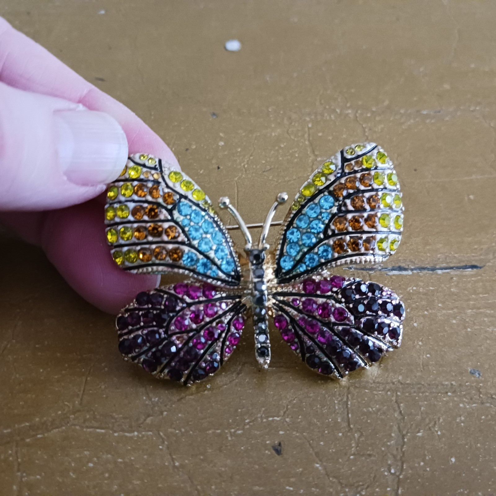 Napier Rhinestone Butterfly Brooch Pin Multicolor Gol… - Gem