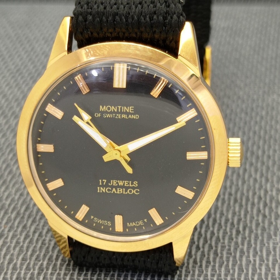 VINTAGE MONTINE 17 JEWELS HAND-WINDING SWISS MENS BLACK COLOR DIAL ...