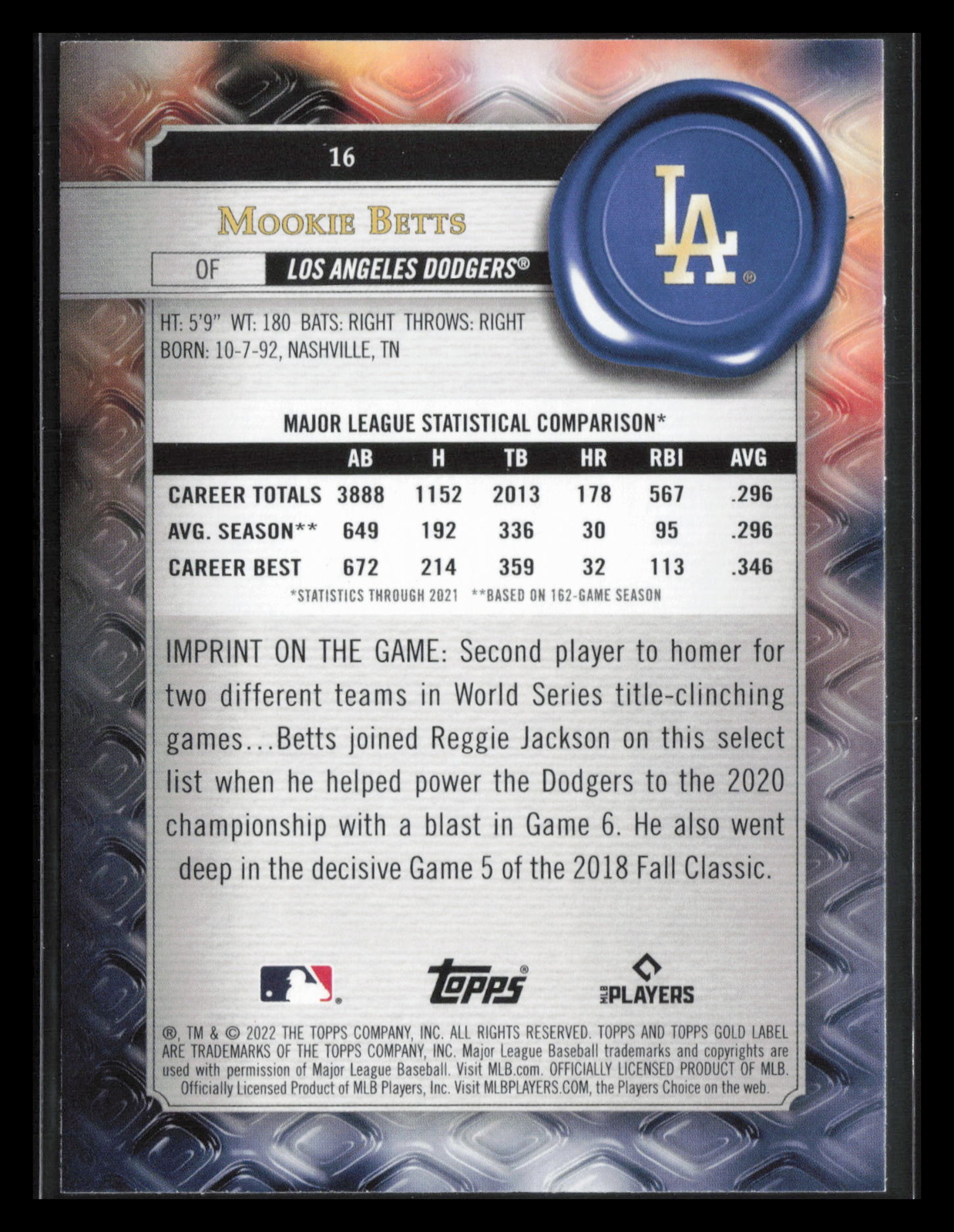 2022 Topps Gold Label - Mookie Betts #16 Class 2 for sale online | eBay