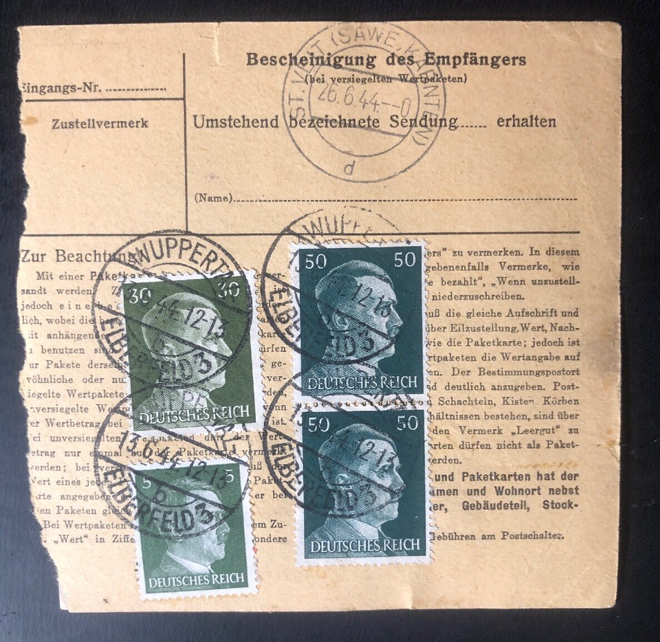 1944 Wuppertal Germany Parcel Receipt Cover to Waffen SS Laibach | eBay