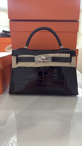 NEW HERMES Wine Havana Burgundy CROCODILE ALLIGATOR MINI KELLY I20 ...