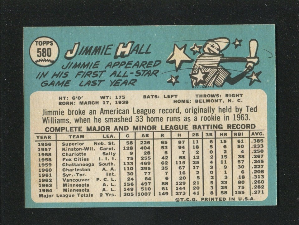 #580 JIMMIE HALL, Twins - 1965 Topps: NM-MT, o/c, pack fresh, good ...