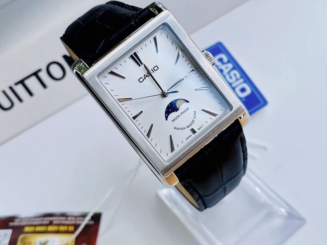 Casio MTP-M105L-7A Silver Analog Moon Phase Rectangle Leather Casual ...
