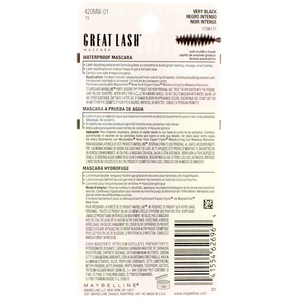 5 Pack Maybelline Great Lash Waterproof Mascara, Very Black 111, 0.43 ...