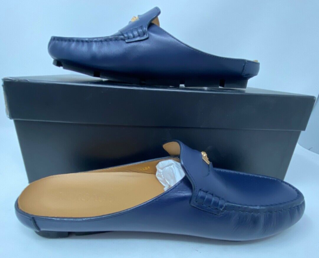 Versace Medusa Biggie Driver Mules Navy Blue Leather $625 Size 9.5 / 42 ...