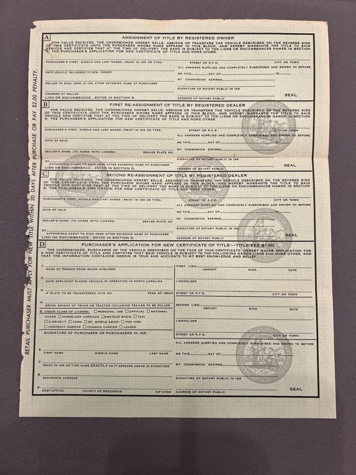 Genuine Original 1966 Chevrolet 2 Door NC Car Title 16437 | eBay