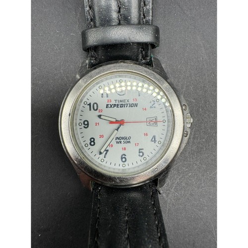 Timex Indiglo Expedition WR50 Black Leather Band White Dial Date Round ...