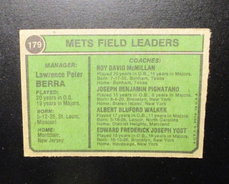 1974 Topps Baseball #179 Yogi Berra {} New York Mets (MG) | eBay