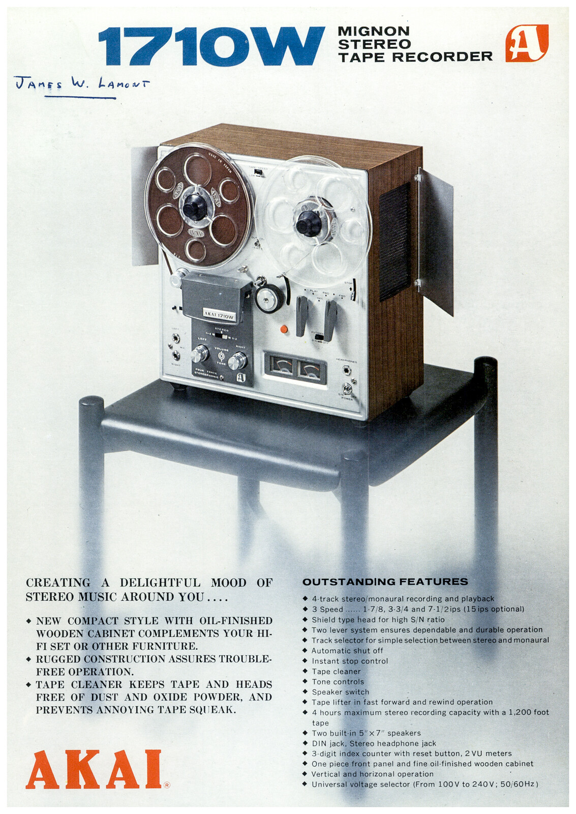 Akai 1710W Reel to Reel Dealer Data / Spec Sheet Brochure *Original* | eBay