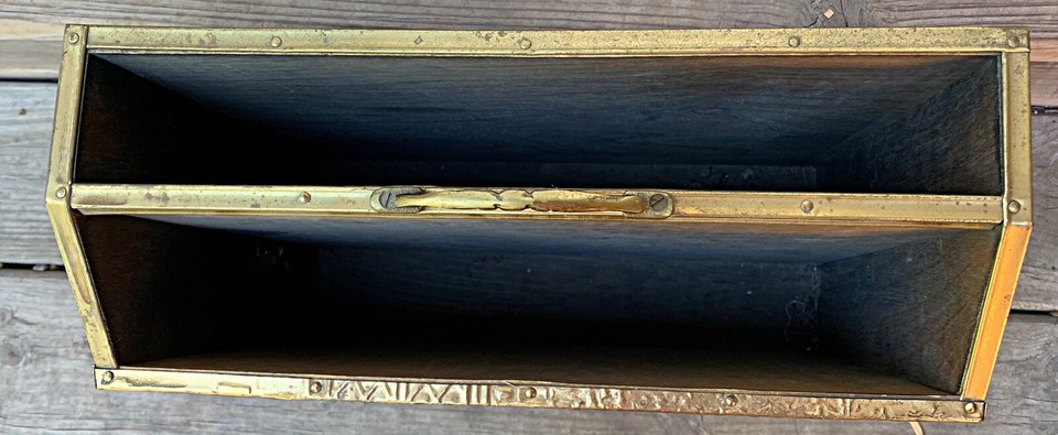 Embossed Hammered Brass and Wood Magazine Holder Double Slotted - LP ...