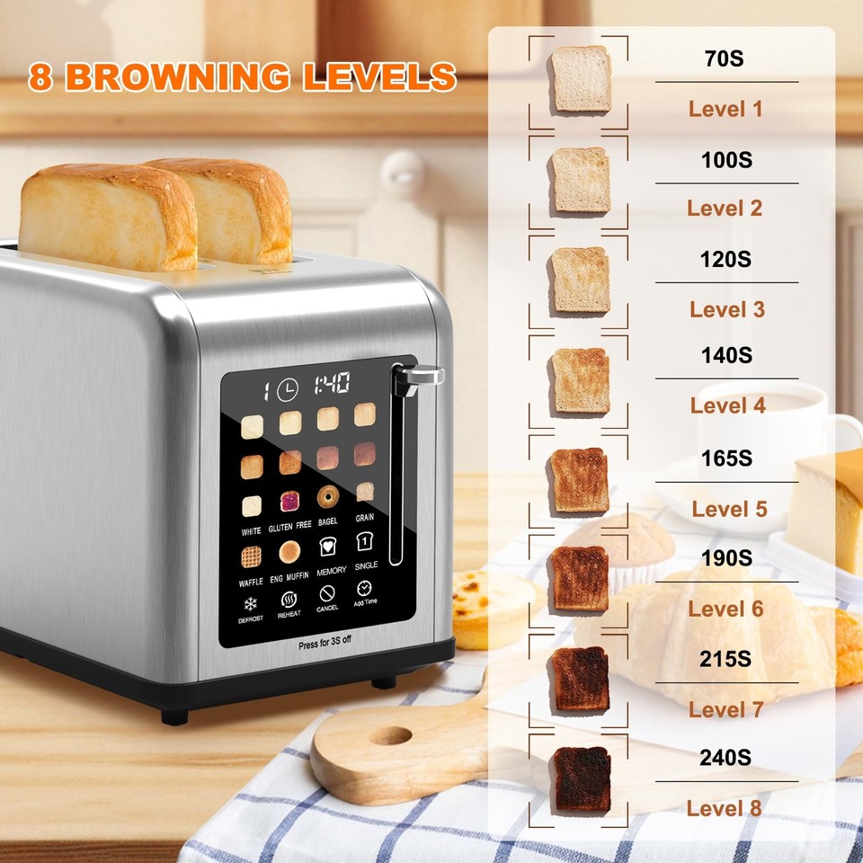 2 Slice Toaster Touch Screen, Stainless Steel Toasters Digital Timer 2 ...