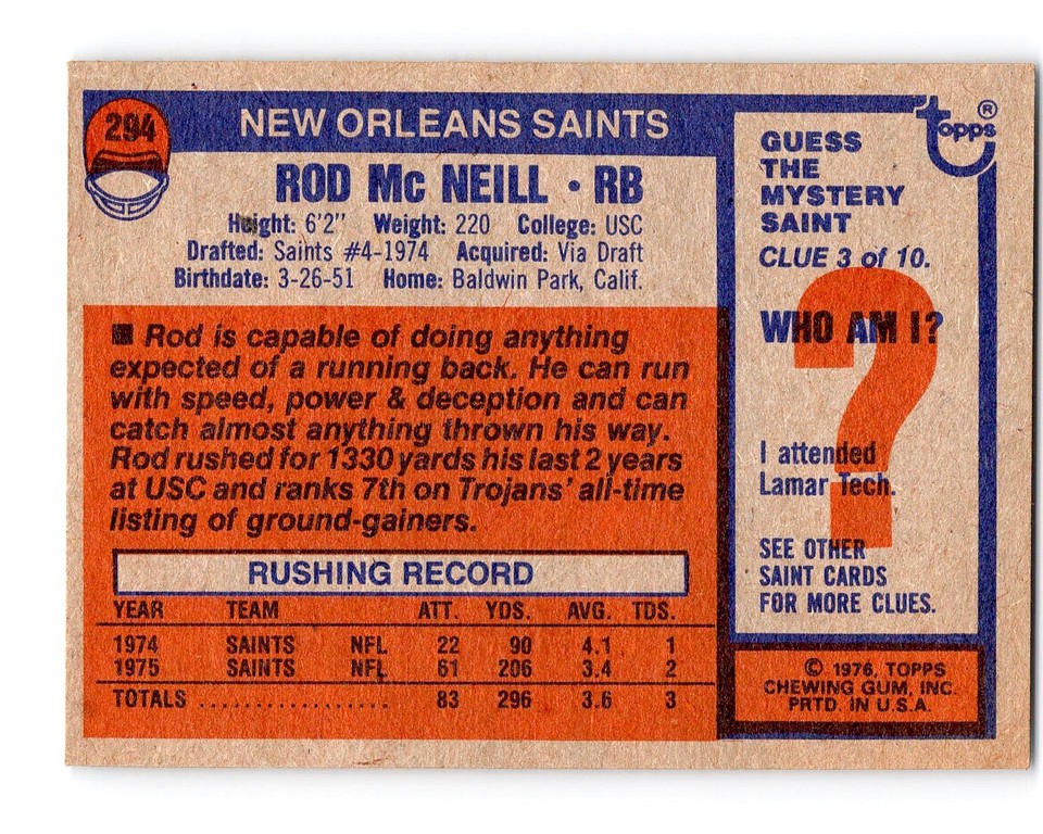 1976 Topps #294 Rod McNeill New Orleans Saints Football Card | eBay