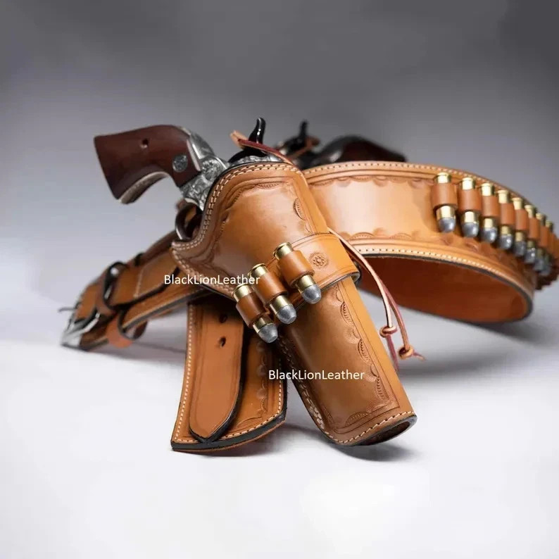 New Handmade Leather Gunbelt Cartridge Belt & Revolver Holster Western ...