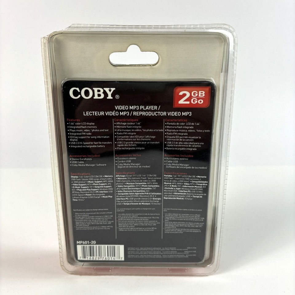 NEW Coby Video MP3 Player MP601-2G 1.44" LCD 2GB Black FM Radio 6 Hours ...