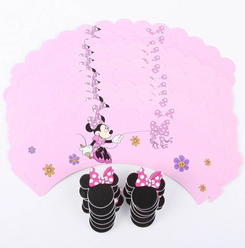48 Pcs, 24 minnie mouse Cupcake Wrappers & 24 Toppers Kids Birthday ...