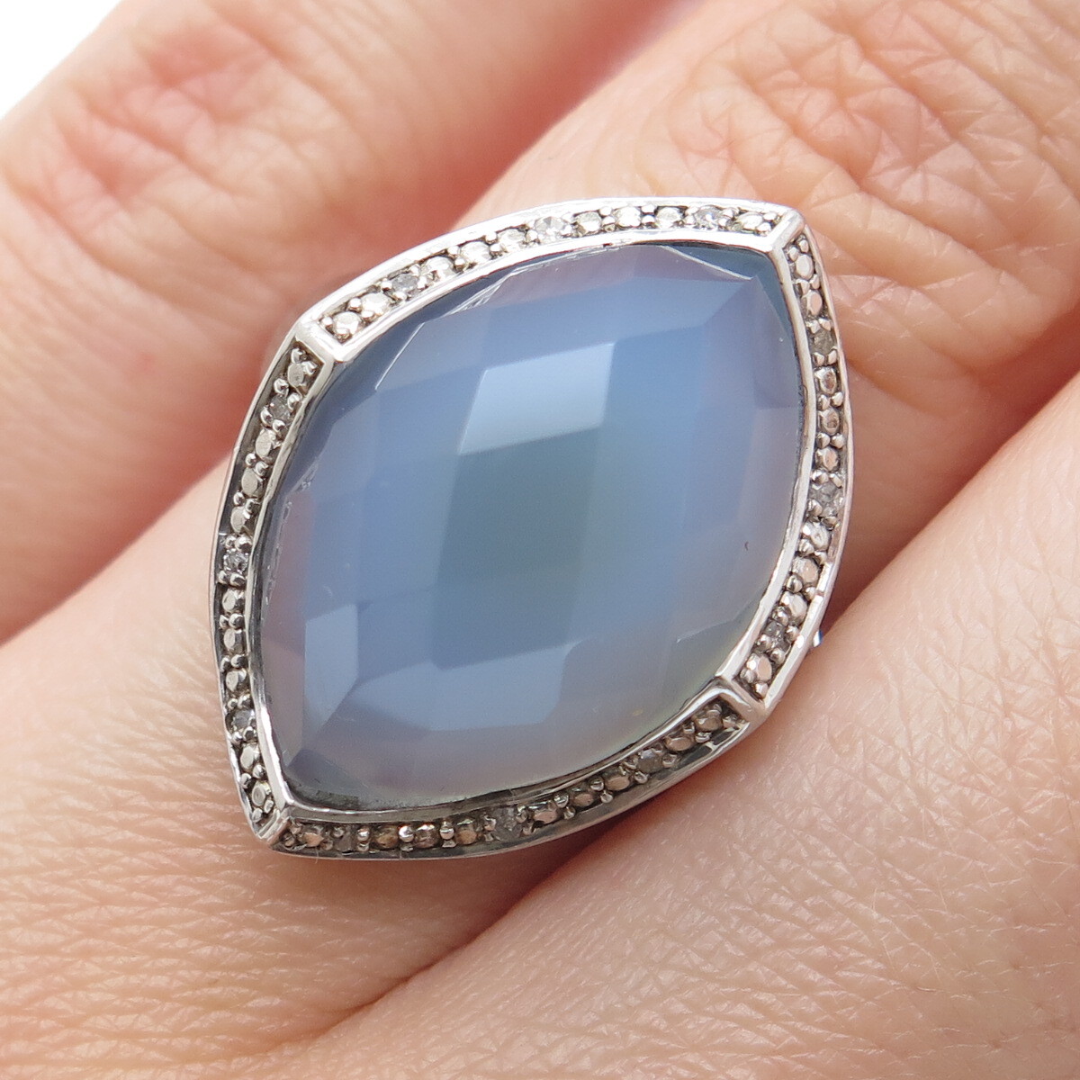 925 Sterling Silver Real Blue Quartz & Diamond Domed … - Gem