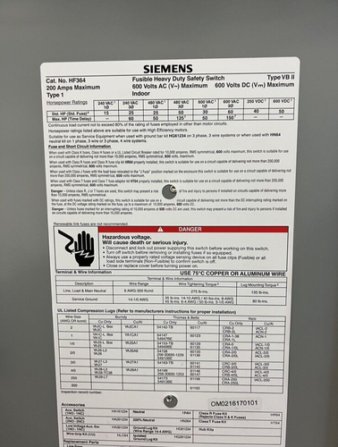 Up To 17: HF364 Siemens 200 Amp 600V 3 Pole Fusible Disconnect Switch ...