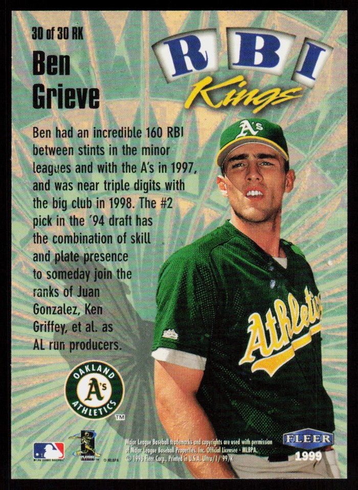 1999 Ultra Ben Grieve #30 RK BASEBALL Oakland Athletics RBI Kings | eBay