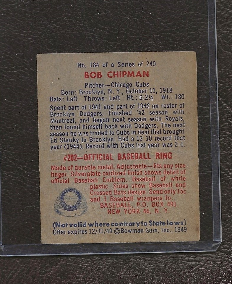 1949 Bowman Baseball Card #184 Bob Chipman, Chicago Cubs, High #, VG-EX ...
