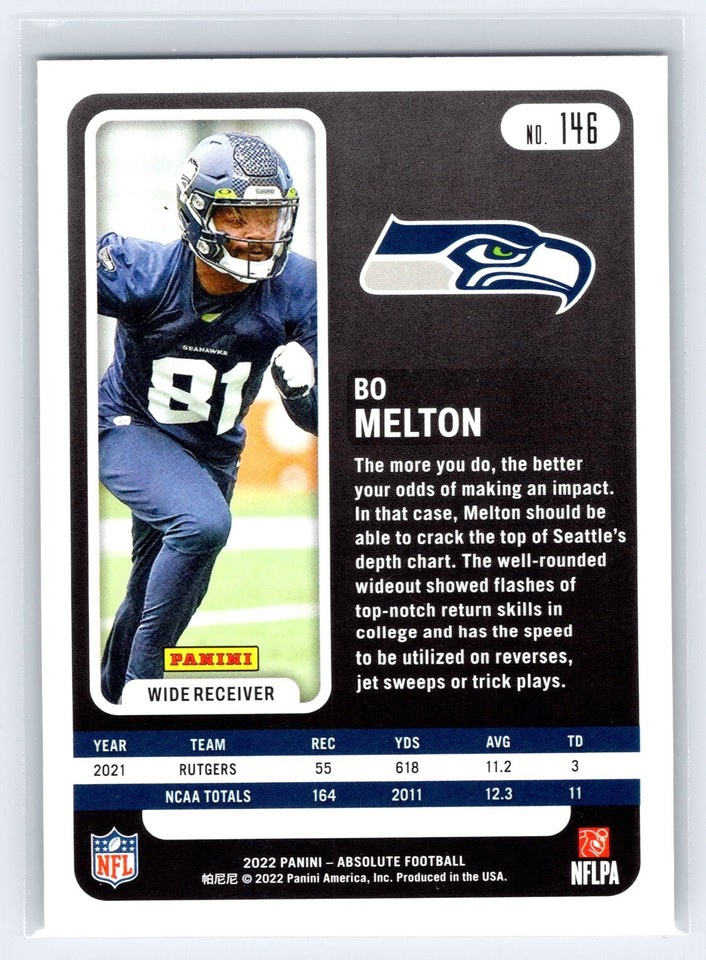 BO MELTON 2022 Absolute Rookie Base Football Foil Card #146 Seattle ...