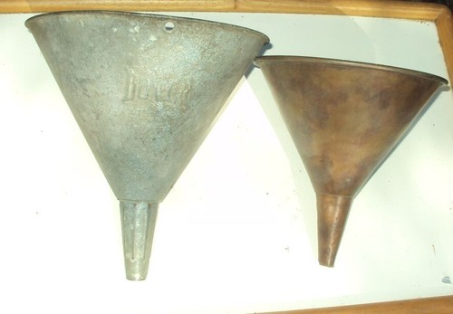 2 Rare Vintage Dover copper finish Industrial Farm auto large funnels ...