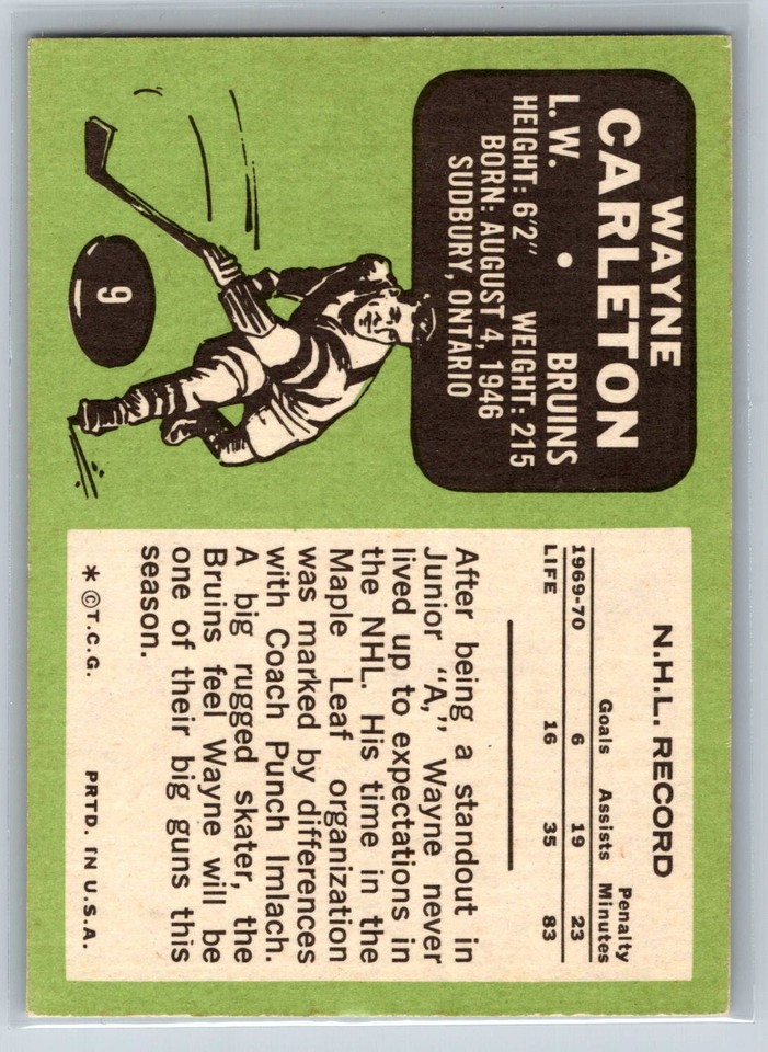 1970 Topps #9 Wayne Carleton Vintage Hockey Card HIGH END! | eBay