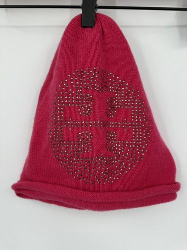 Tory Burch Knit Beanie Hat Pink Rhinestone Logo Wool Cashmere Blend | eBay