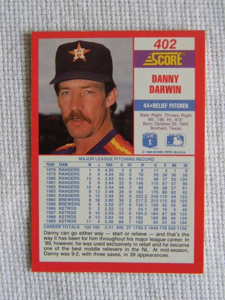 Danny Darwin #402 Houston Astros 1990 Score-Pre Owned VG Baseball Card ...