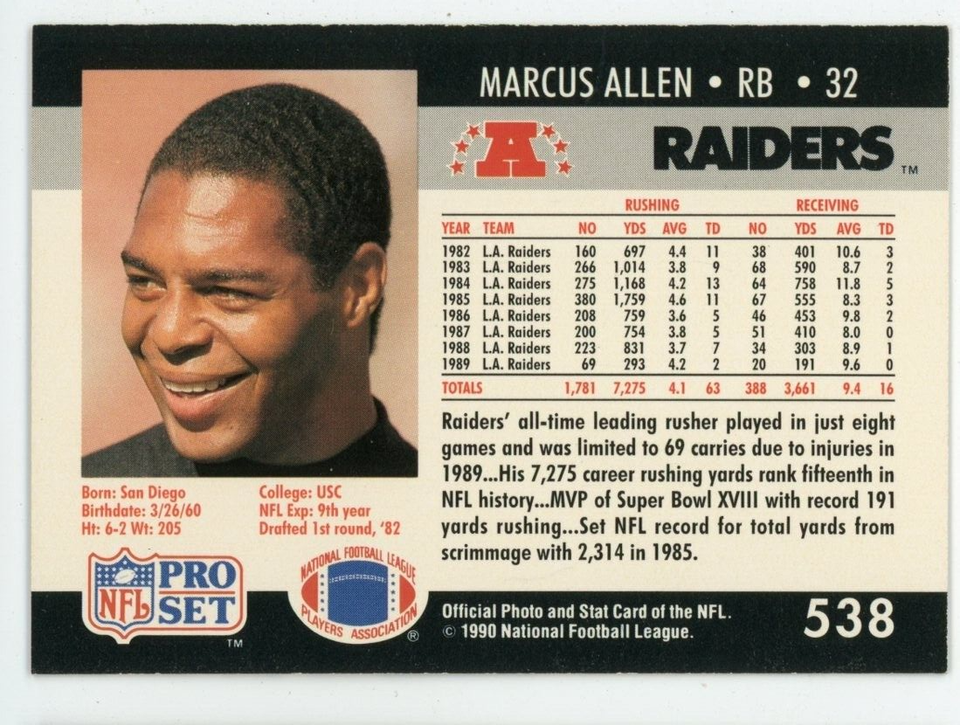 1990 Pro Set Football Card #538 Marcus Allen HOF | eBay