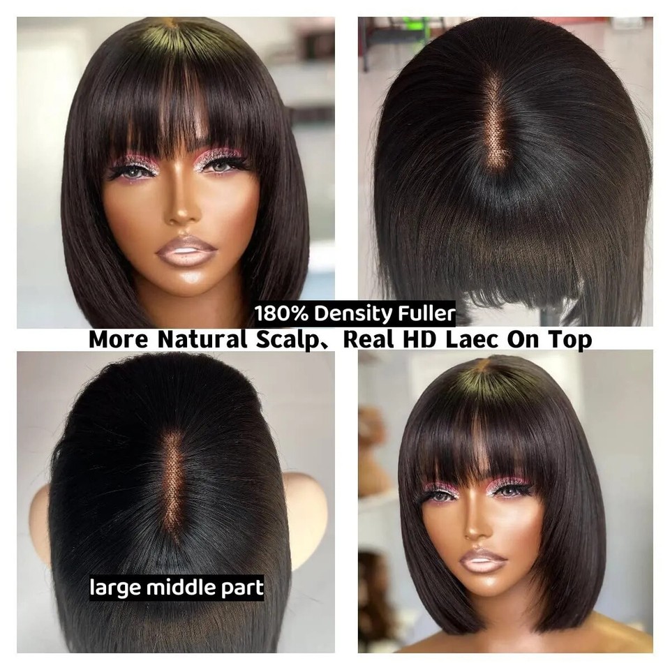Straight Human Hair Bob Wig With Bangs Realistic Fake Lace Scalp ...