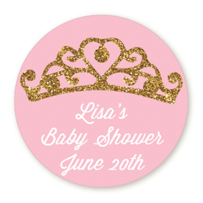 Gold Glitter Tiara Pink - Round Personalized Baby Shower/Birthday ...
