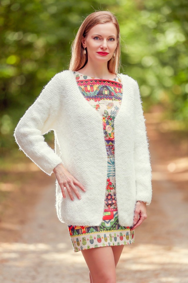 White fuzzy cardigan hand knitted sweater top fluffy soft cardigan by ...
