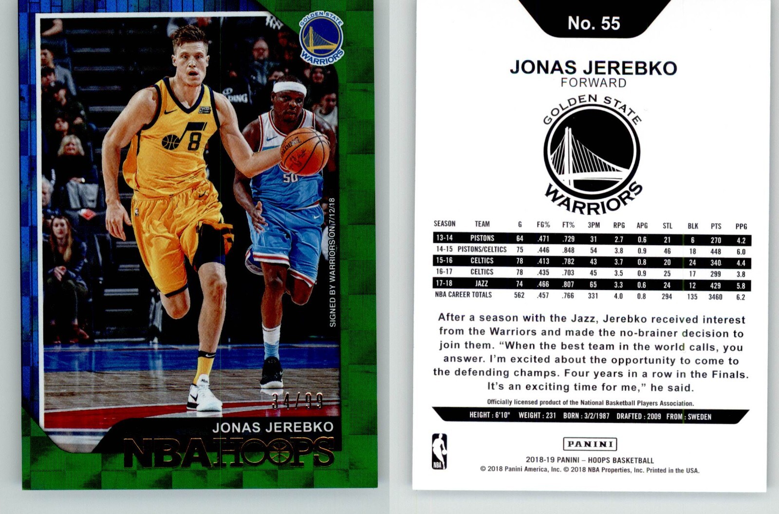 Jonas Jerebko 2018-19 Panini NBA Hoops Green #55 /99 Golden State ...