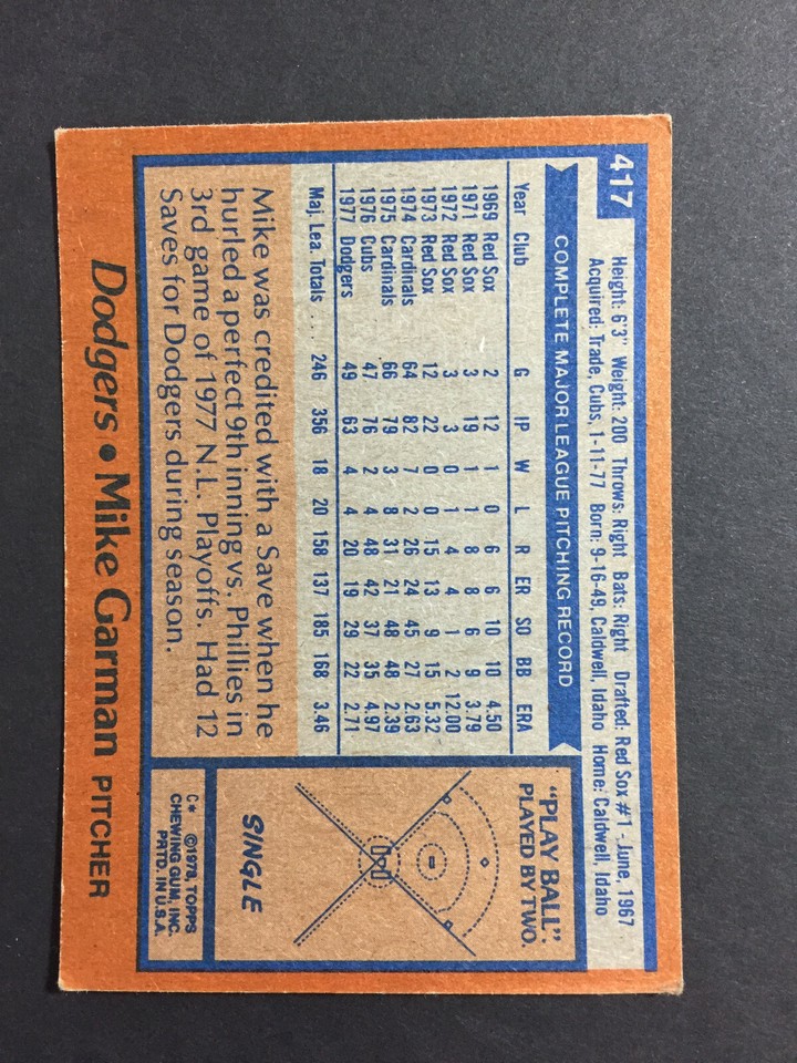 Mike Garman Dodgers Signed 1978 Topps Baseball Card #417 Auto Autograph ...
