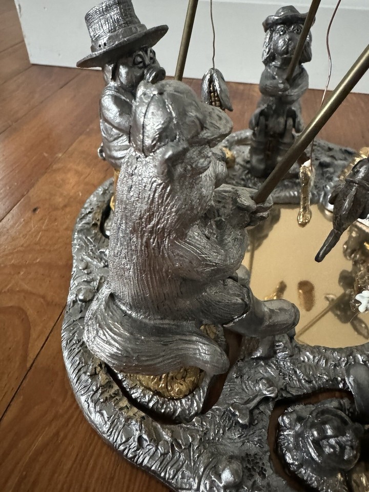 RARE LG MICHAEL RICKER PEWTER 1999 ANIMALS AT THE POND FISHING FIGURINE ...