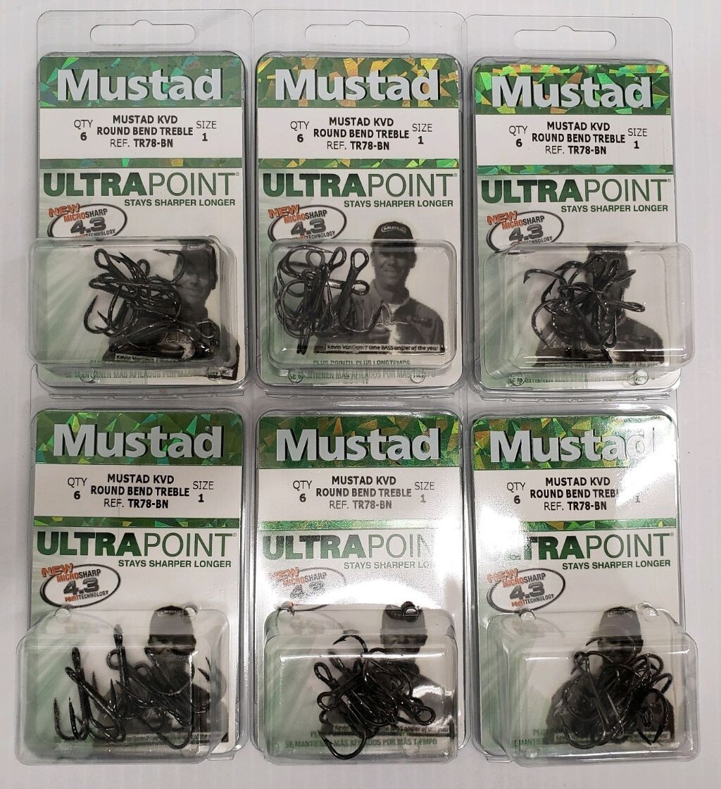 36-Mustad KVD Round Bend Treble # 1 BN 1X Strong 6 packs of 6 ea TR78NP ...