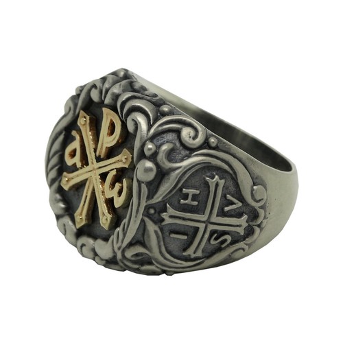Knights Templar Chi Rho Gold 10K and Silver 925 Alfa Omega Men’s Ring ...