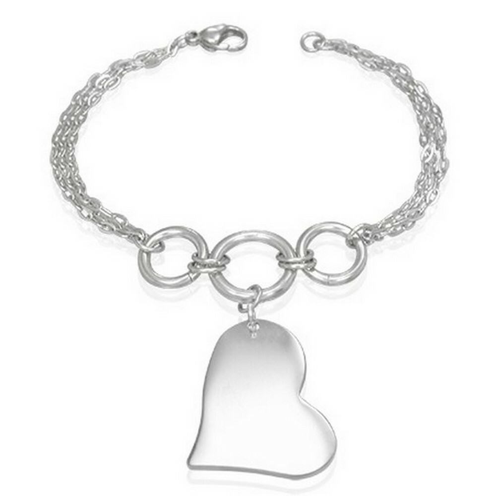 Stainless Steel Silver-Tone Love Heart Charm Womens Link Chain Bracelet ...