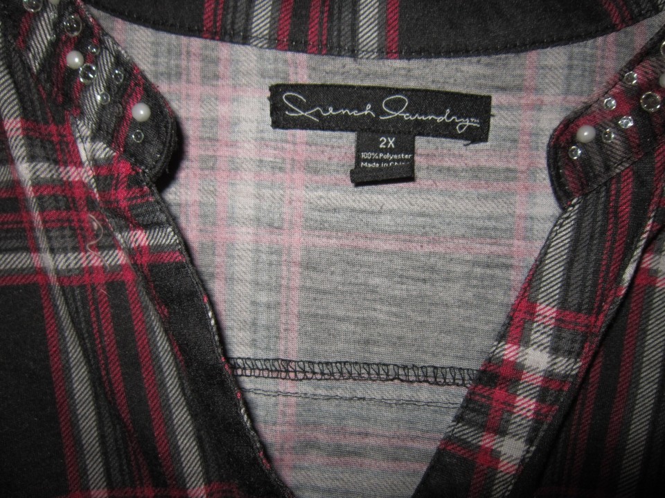 French Laundry Plus 2X Knit Top Shirt Blouse Plaid Print Beaded Popover ...