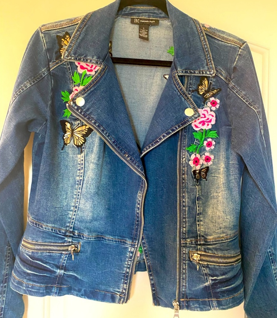 *INC* EMBROIDERED Floral BUTTERFLY DENIM JACKET sz SMALL | eBay