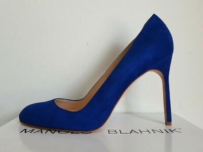 MANOLO BLAHNIK BB 105 MM CLASSIC BLUE SUEDE ROUND TOE PUMPS MANOLO BLAHNIK BB 105 MM CLASSIC BLUE SUEDE ROUND TOE PUMPS