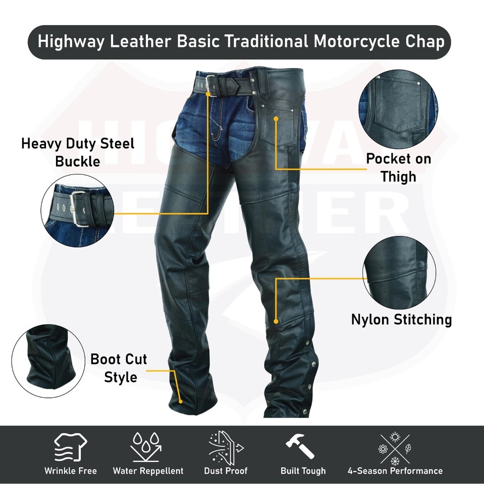 Highway Leather Lined Chaps Motorcycle Riding Bikers Chap Black SKU ...