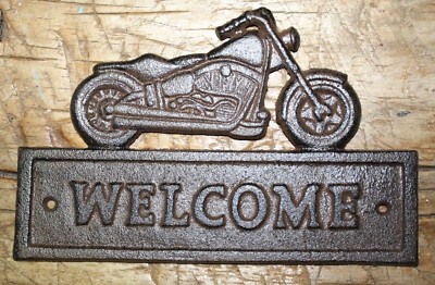 Cast Iron MOTORCYCLE WELCOME Sign Plaque Man Cave Wall Decor Harley ...