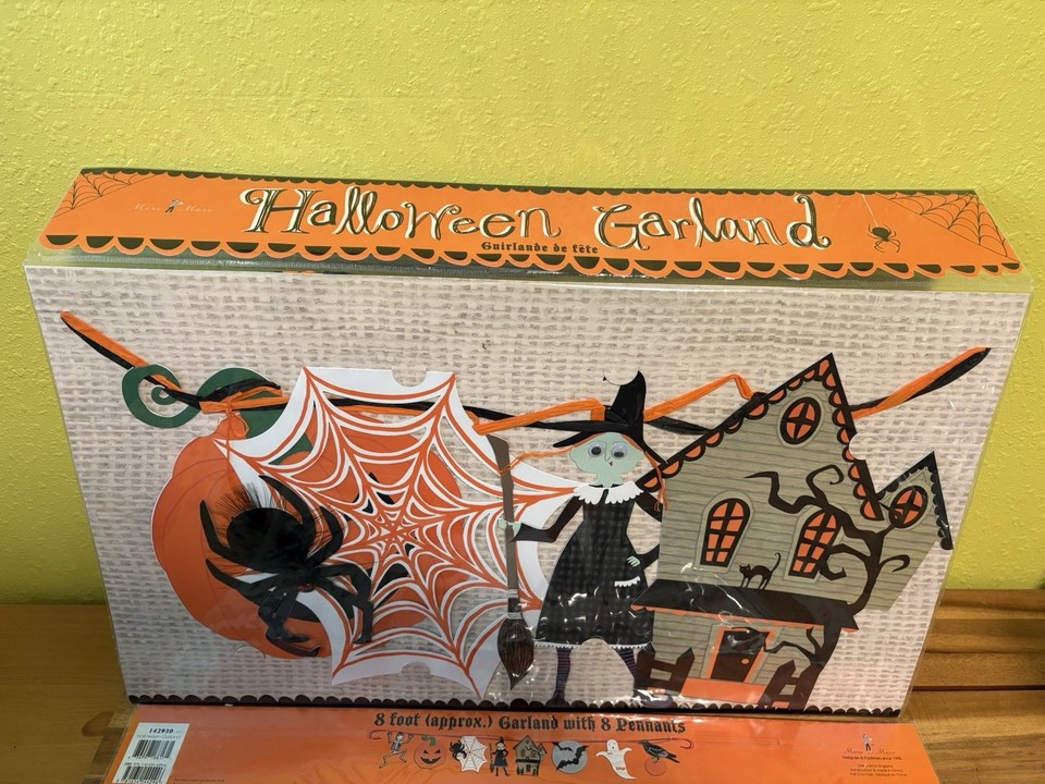 TWO Meri Meri Halloween 8' Garland w/Lg Pennants Skeleton Witch Ghost ...